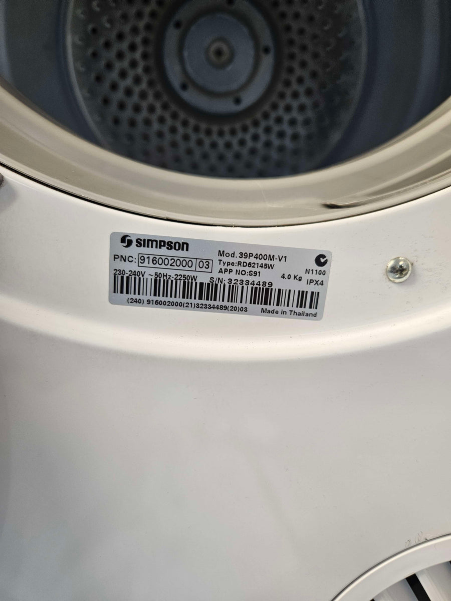 Simpson 4KG Front Load Dryer / 39P400M-V1 – A1 Appliances Jo Cool ...